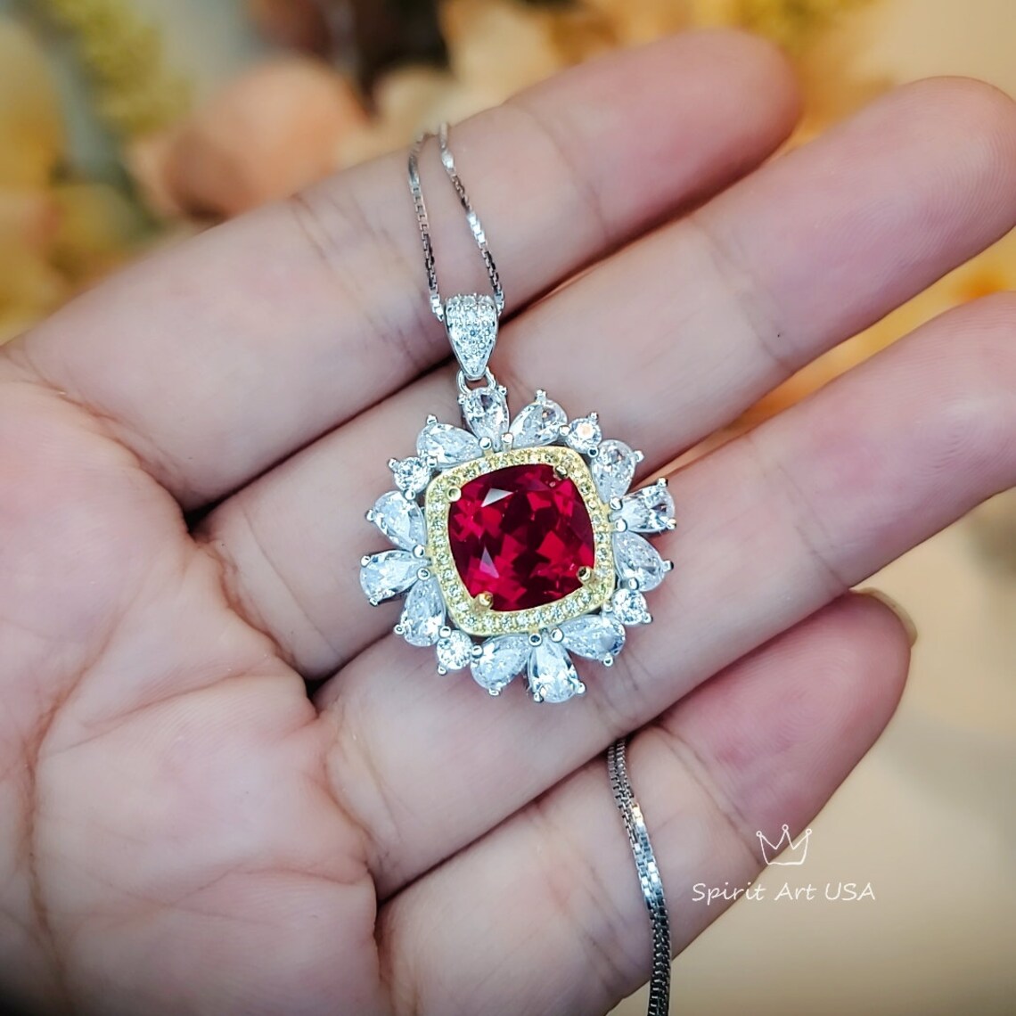 Luxury Square 7 CT Red Ruby Necklace Diamond Surround Gold | Etsy