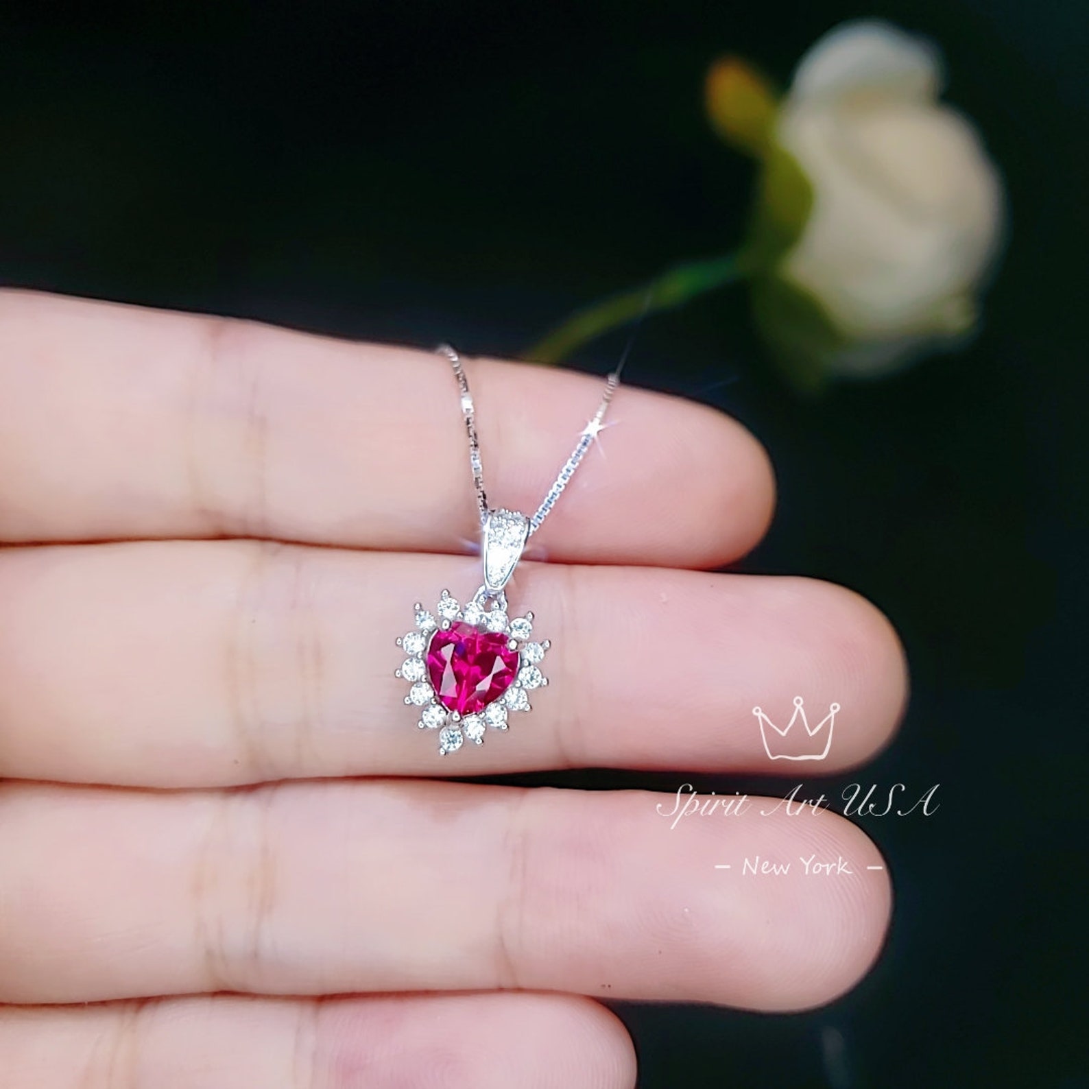 Dainty Heart Red Ruby Necklace Sterling Silver July - Etsy