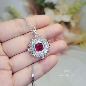 Luxury Square 7 CT Red Ruby Necklace, Gemstone Surround 18KGP Sterling ...