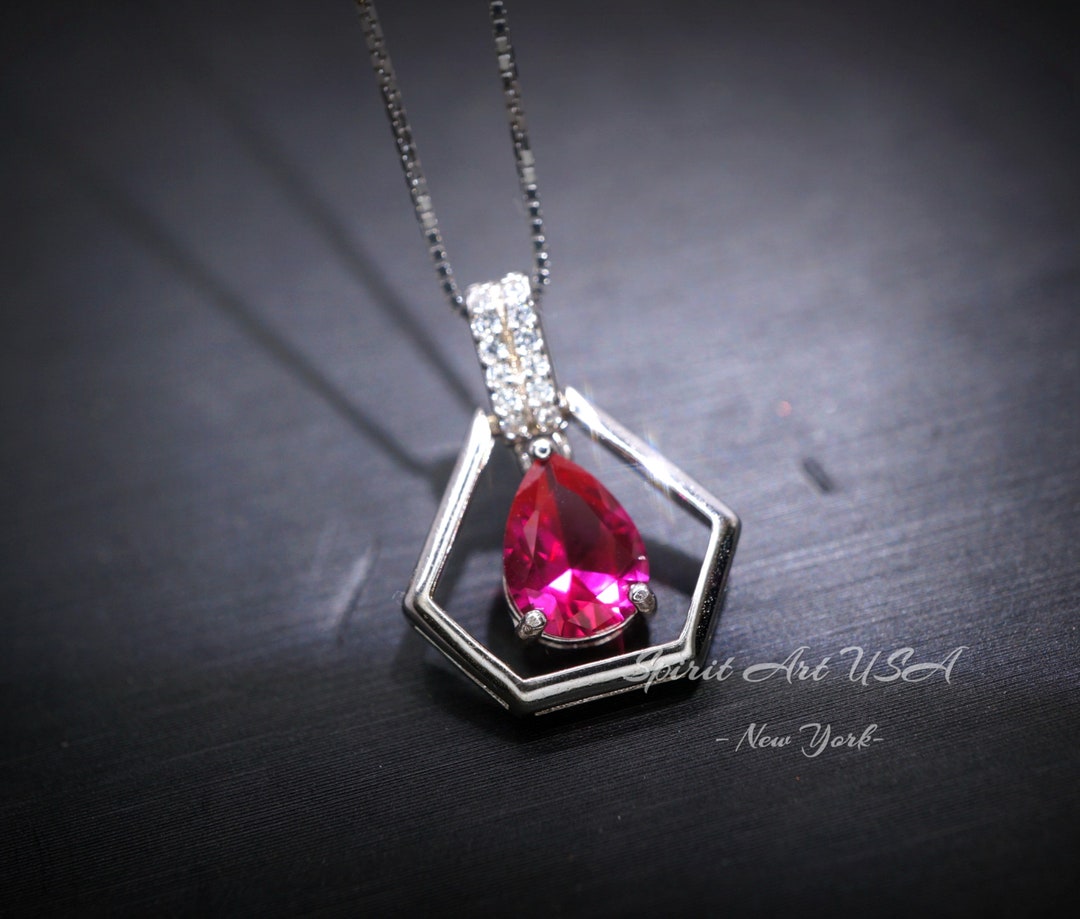 Geometric Red Ruby Necklace Sterling Silver Triangle Diamond Teardrop ...