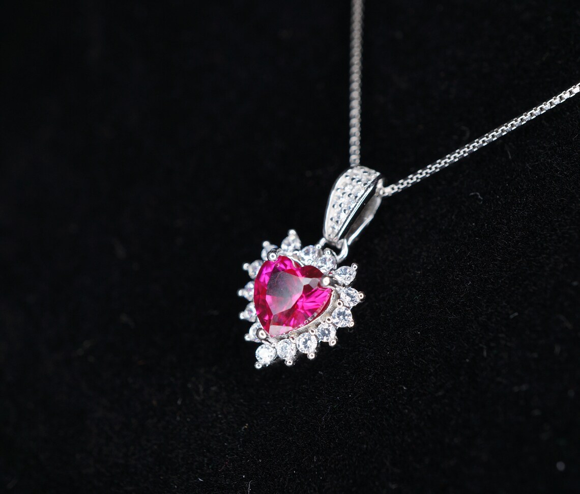 Dainty Heart Red Ruby Necklace Sterling Silver July - Etsy