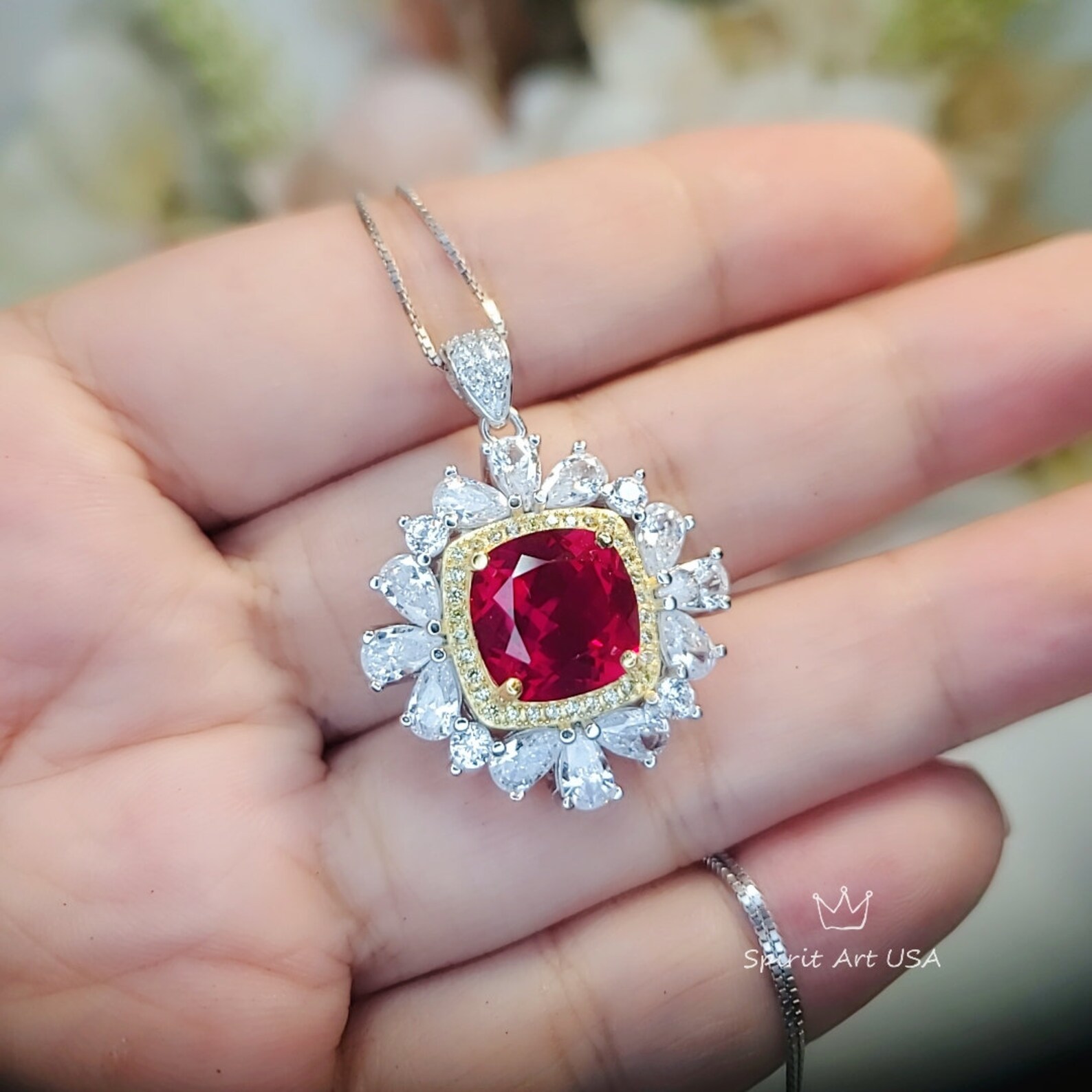 Luxury Square 7 CT Red Ruby Necklace Diamond Surround Gold | Etsy