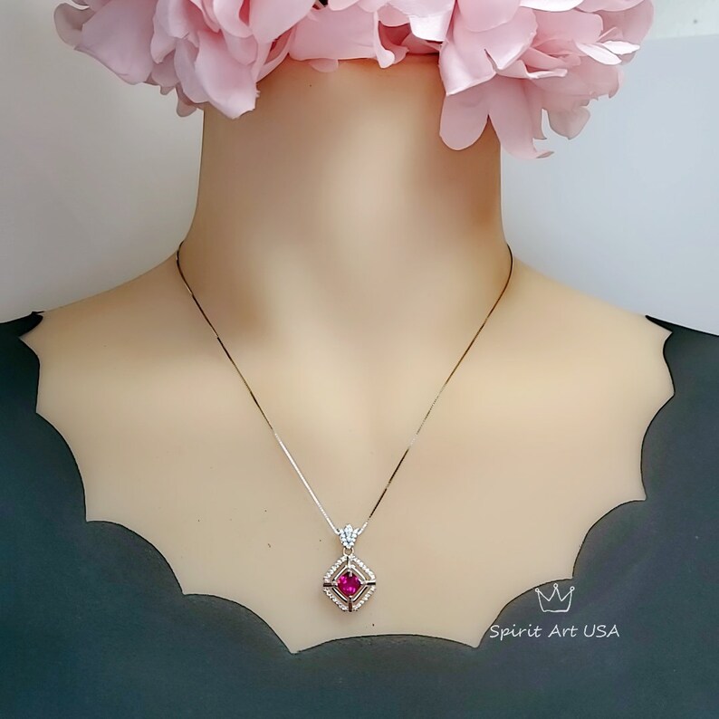 Diamond Square Ruby Necklace White Gold Coated Sterling Silver | Etsy