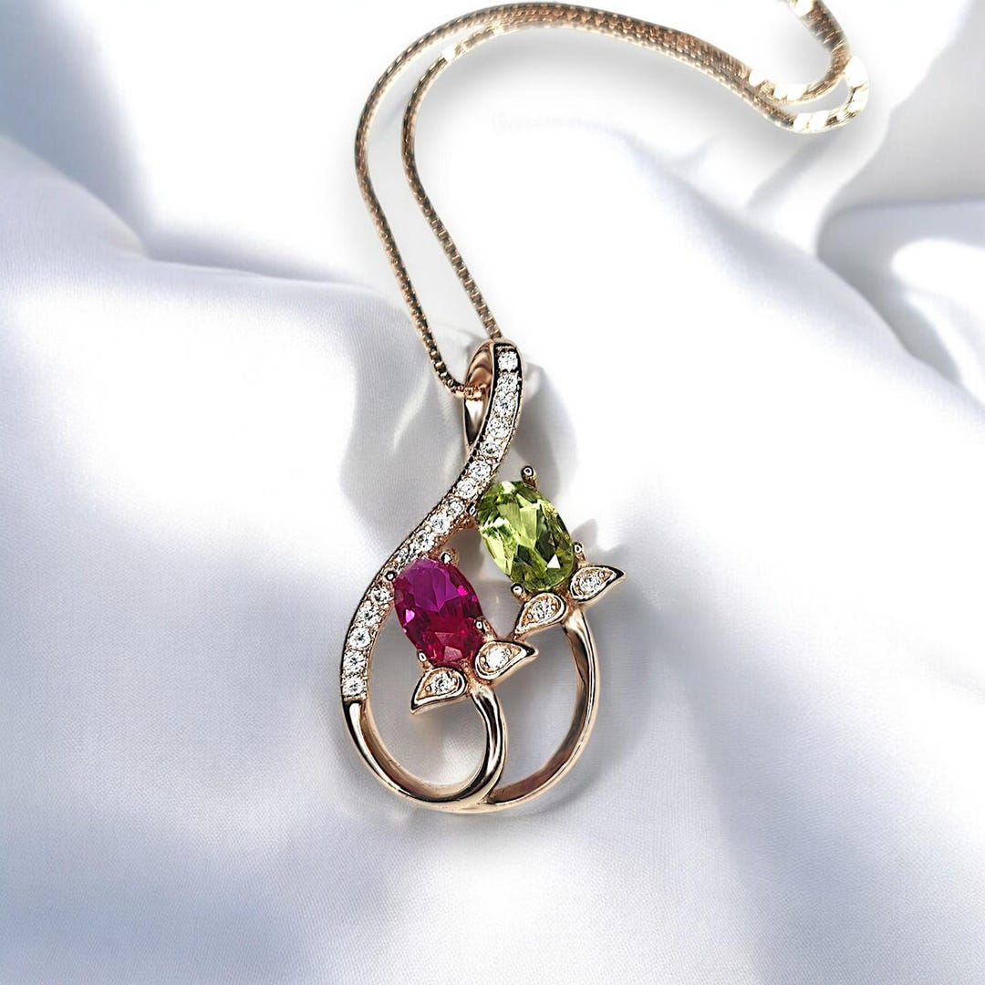 Dainty Ruby Peridot Necklace, Rose Gold Coated Sterling Silver Green ...