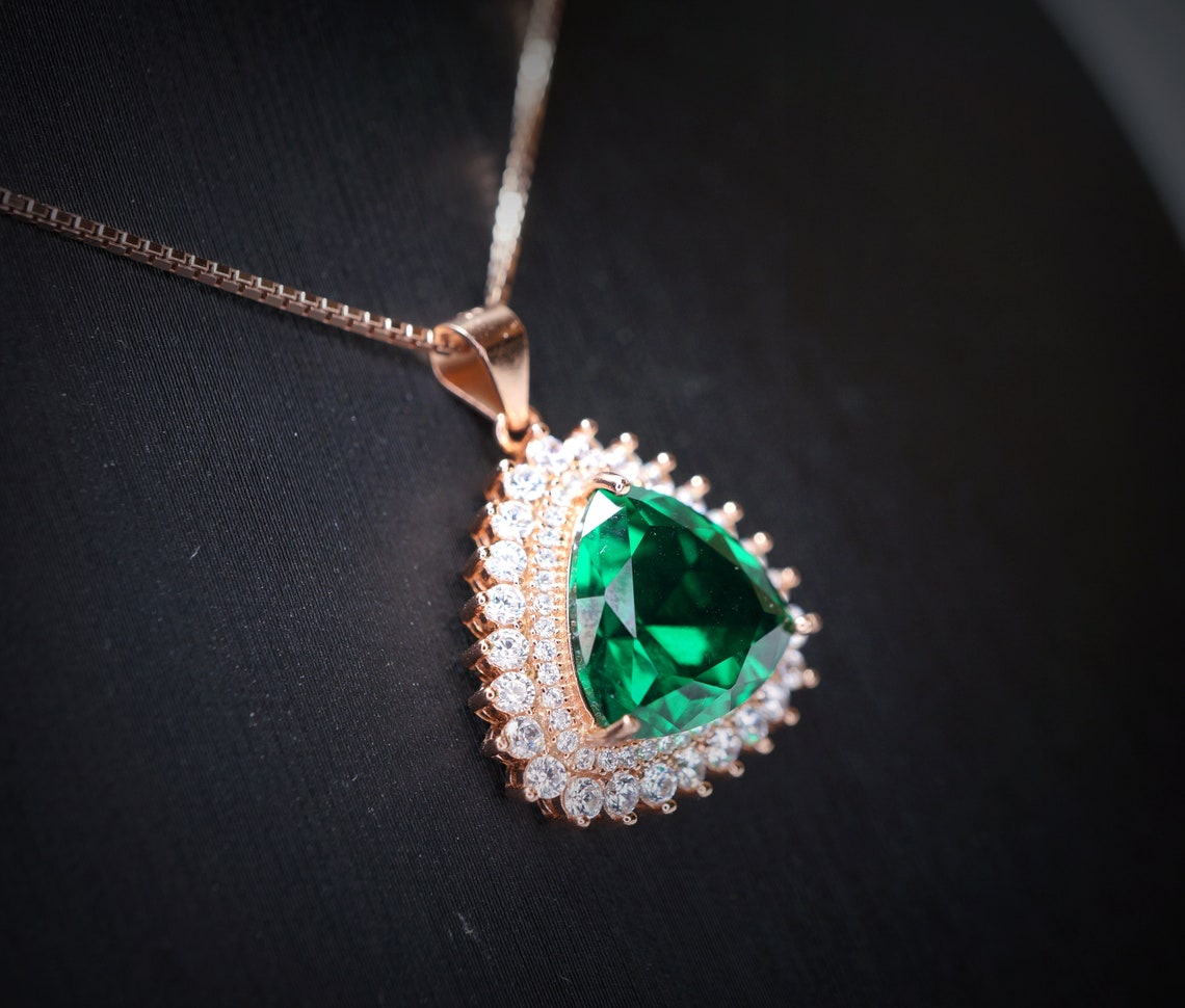 Large Triangle green emerald Necklace Luxury Rose Gold | Etsy