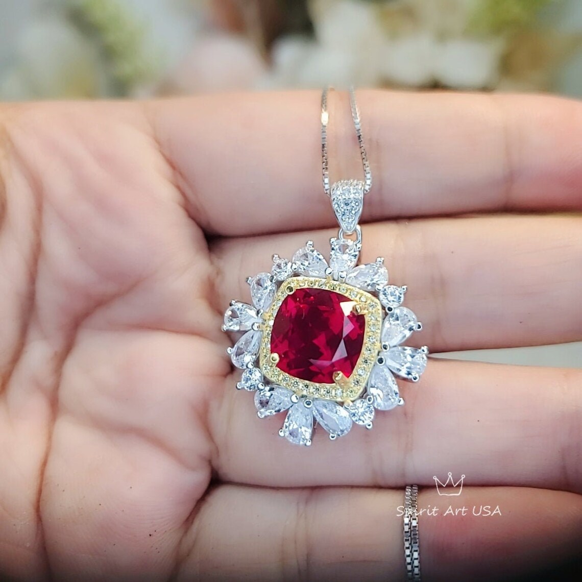 Luxury Square 7 CT Red Ruby Necklace Diamond Surround Gold | Etsy