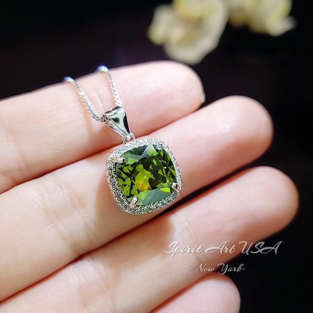 Large Square Synthetic Peridot Necklace Gemstone Halo 5 CT Green ...