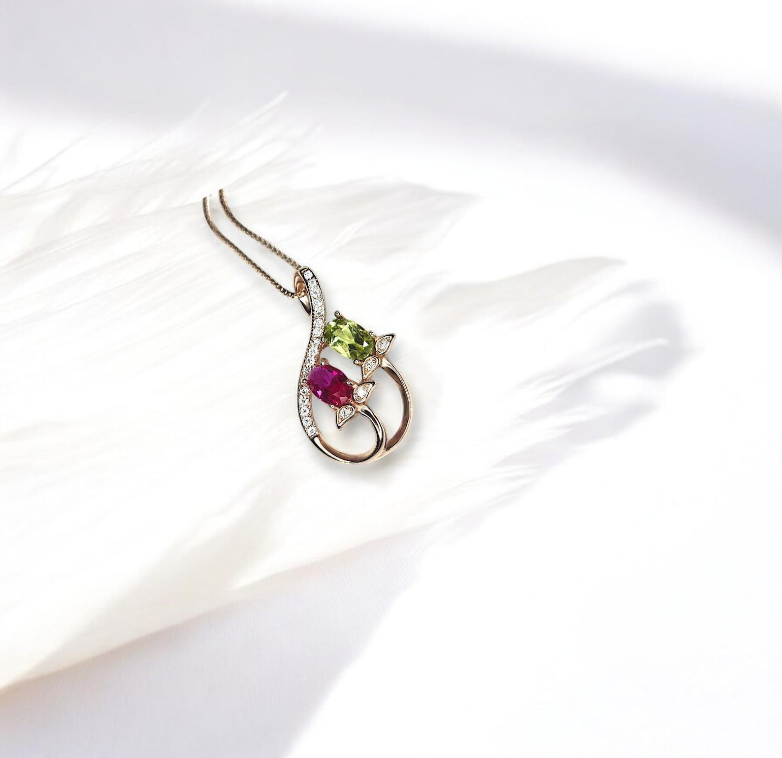 Dainty Ruby Peridot Necklace, Rose Gold Coated Sterling Silver Green ...