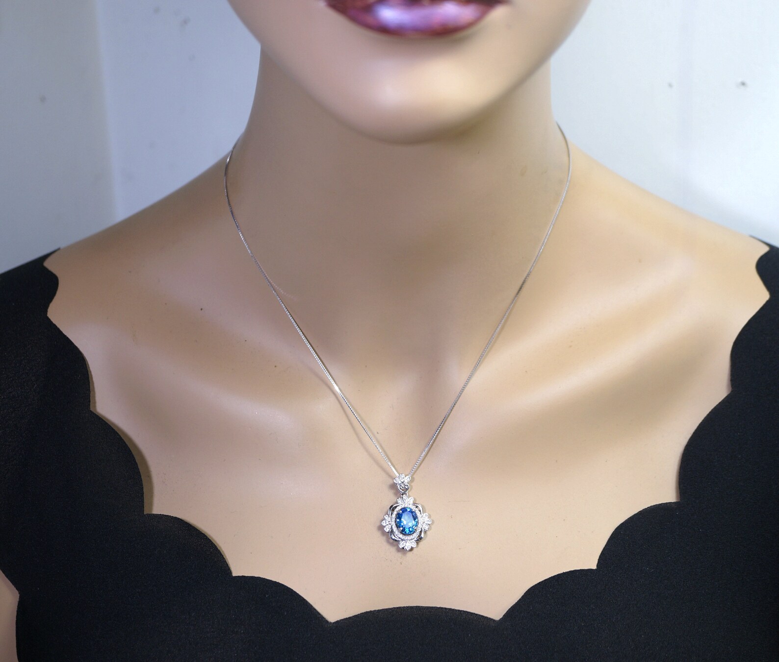 Large Blue Topaz Necklace Sterling Silver Diamond Victoria - Etsy