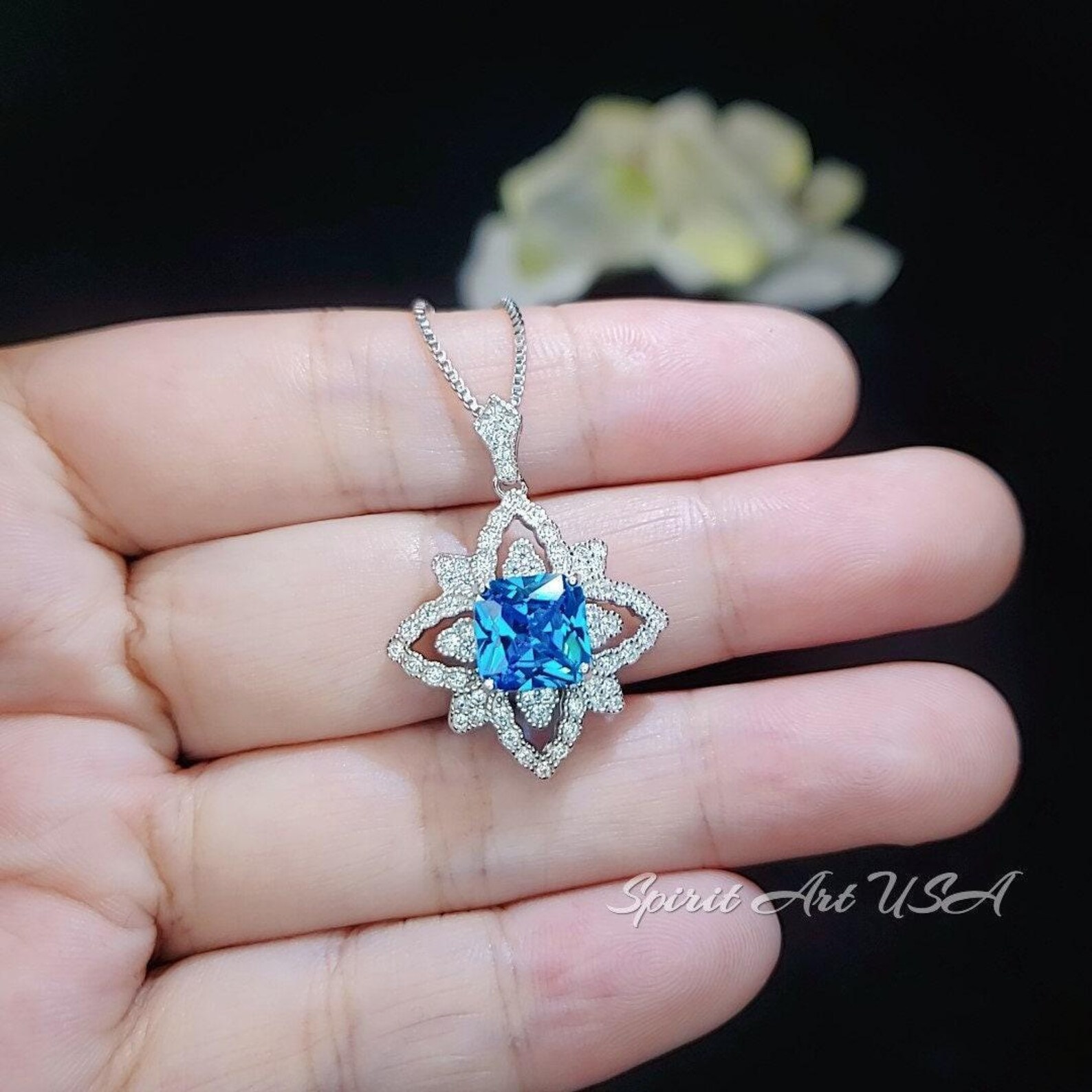 Gemstone Medal Blue Topaz Necklace - Medal of Honor Flower - Sterling ...