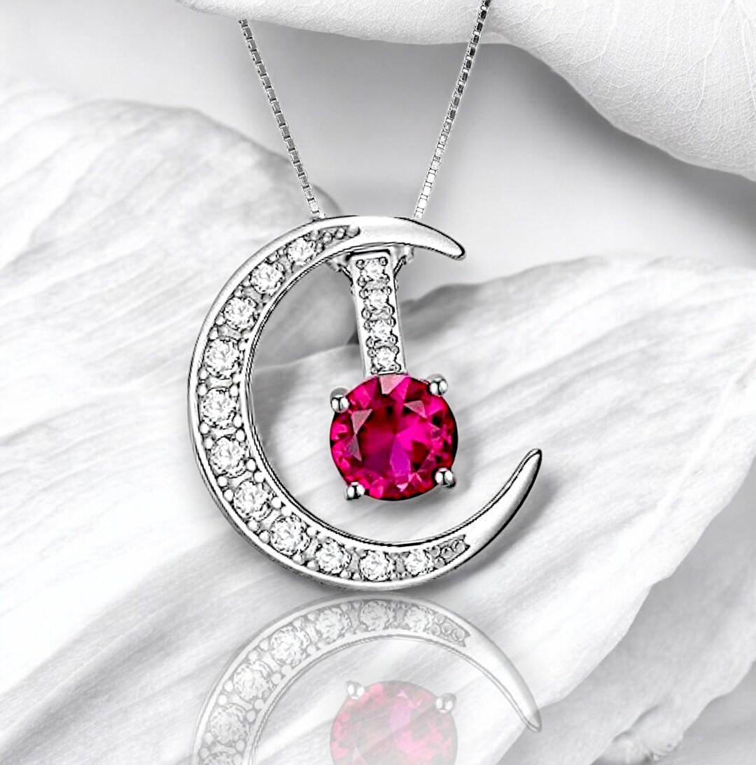 Crescent Moon Ruby Necklace Full 925 Sterling Silver Two Pendant One ...