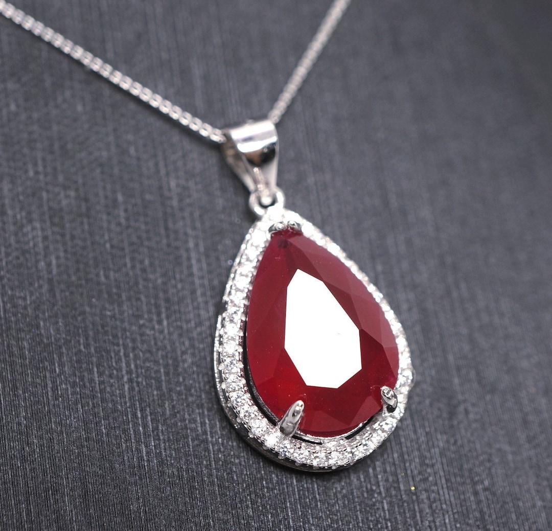 Large Teardrop Red Ruby Necklace Sterling Silver 5.5 CT Red Corundum ...