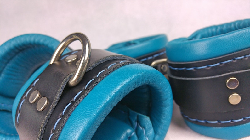 Blue Bondage Cuffs Teal Restraints BDSM Real Leather Heavy | Etsy