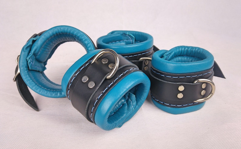 Blue Bondage Cuffs Teal Restraints BDSM Real Leather Heavy | Etsy
