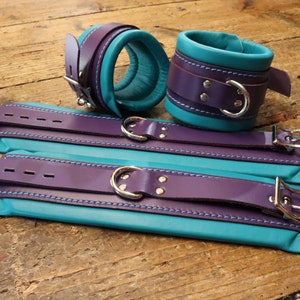 Purple and Teal Bondage Cuffs Restraints BDSM Real Leather Heavy Padded ...