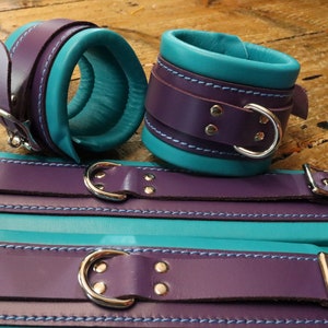 Purple and Teal Bondage Cuffs Restraints BDSM Real Leather Heavy Padded ...