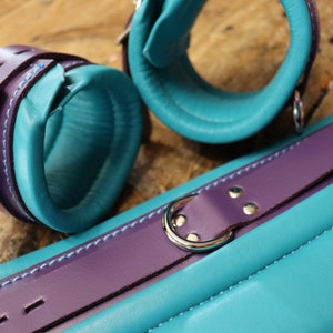 Purple and Teal Bondage Cuffs Restraints BDSM Real Leather Heavy Padded ...