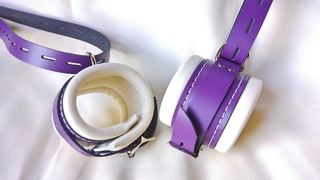 Real Leather Bondage Restraints Wrist Cuffs Purple and Cream With ...