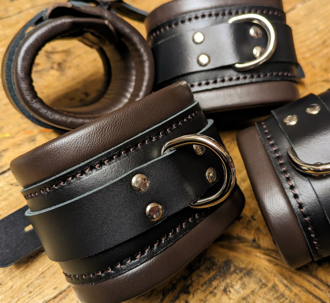 Brown and Black Bondage Cuffs Restraints BDSM Real Leather Heavy Padded ...