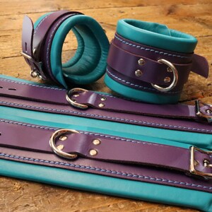 Purple and Teal Bondage Cuffs Restraints BDSM Real Leather Heavy Padded ...