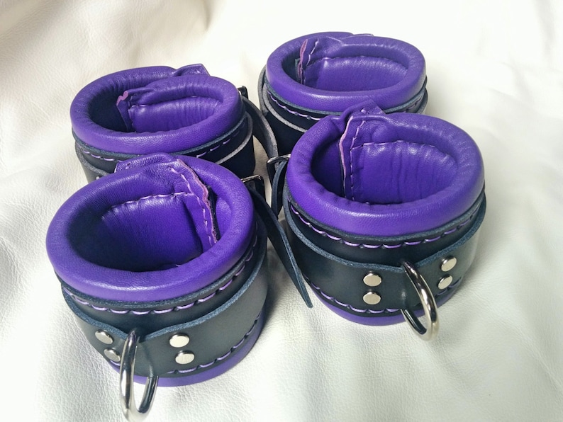 Purple and Black Bondage Cuffs Restraints BDSM Real Leather Heavy ...