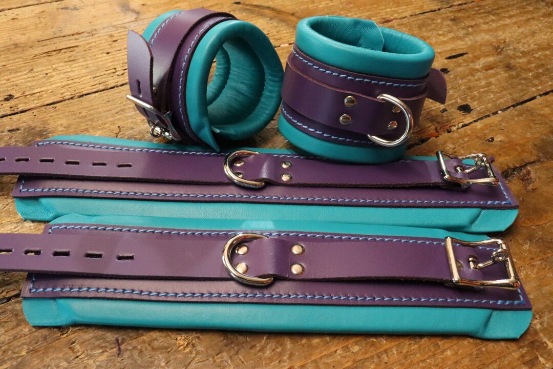Purple and Teal Bondage Cuffs Restraints BDSM Real Leather Heavy Padded ...