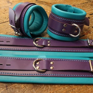 Purple and Teal Bondage Cuffs Restraints BDSM Real Leather Heavy Padded ...