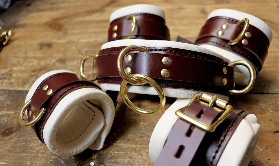 Black and Brass Bondage Restraint Cuffs Real Leather Heavy Padded Wrist ...