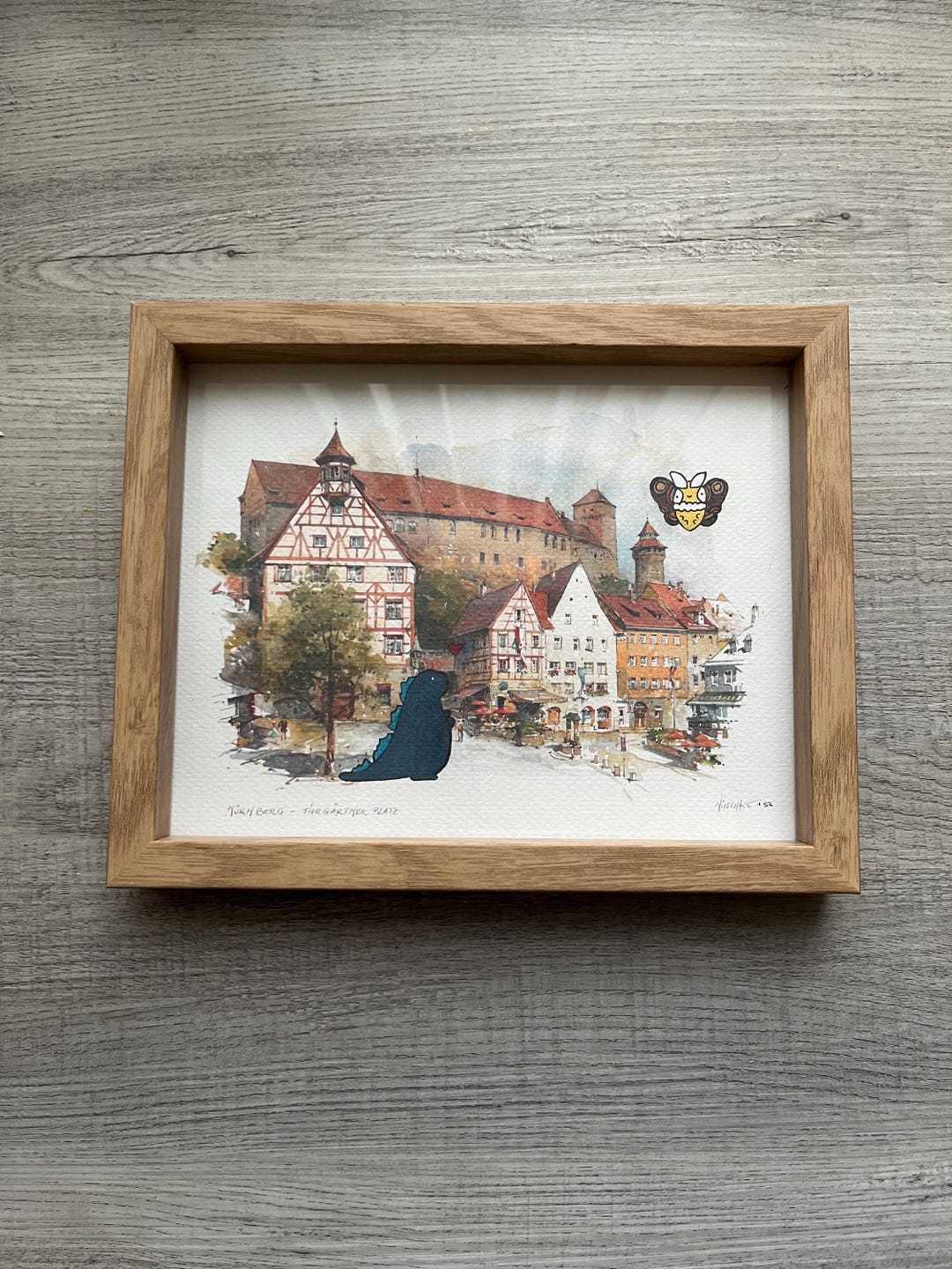 Godzilla and Mothra Print With Vintabe Frame - Cute Painting - Dinosaur ...