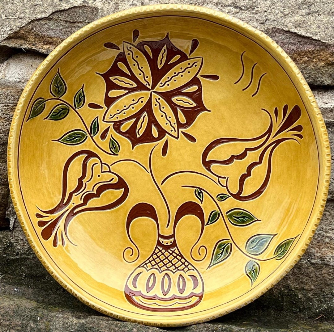 Pretty Flowers in a Big Bowl - Pennsylvania German Redware - Diameter ...