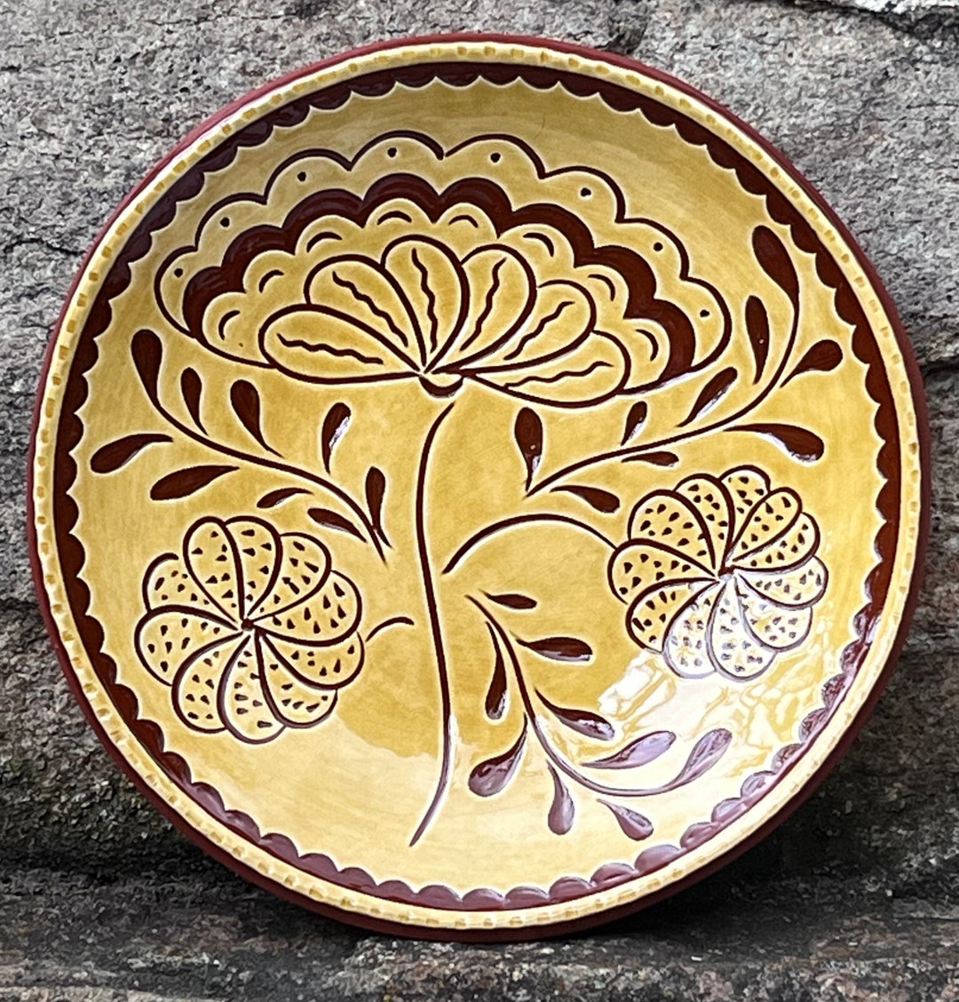 A Big Fancy Flower 7 Inch Dish Pennsylvania Redware Pottery Decorated ...