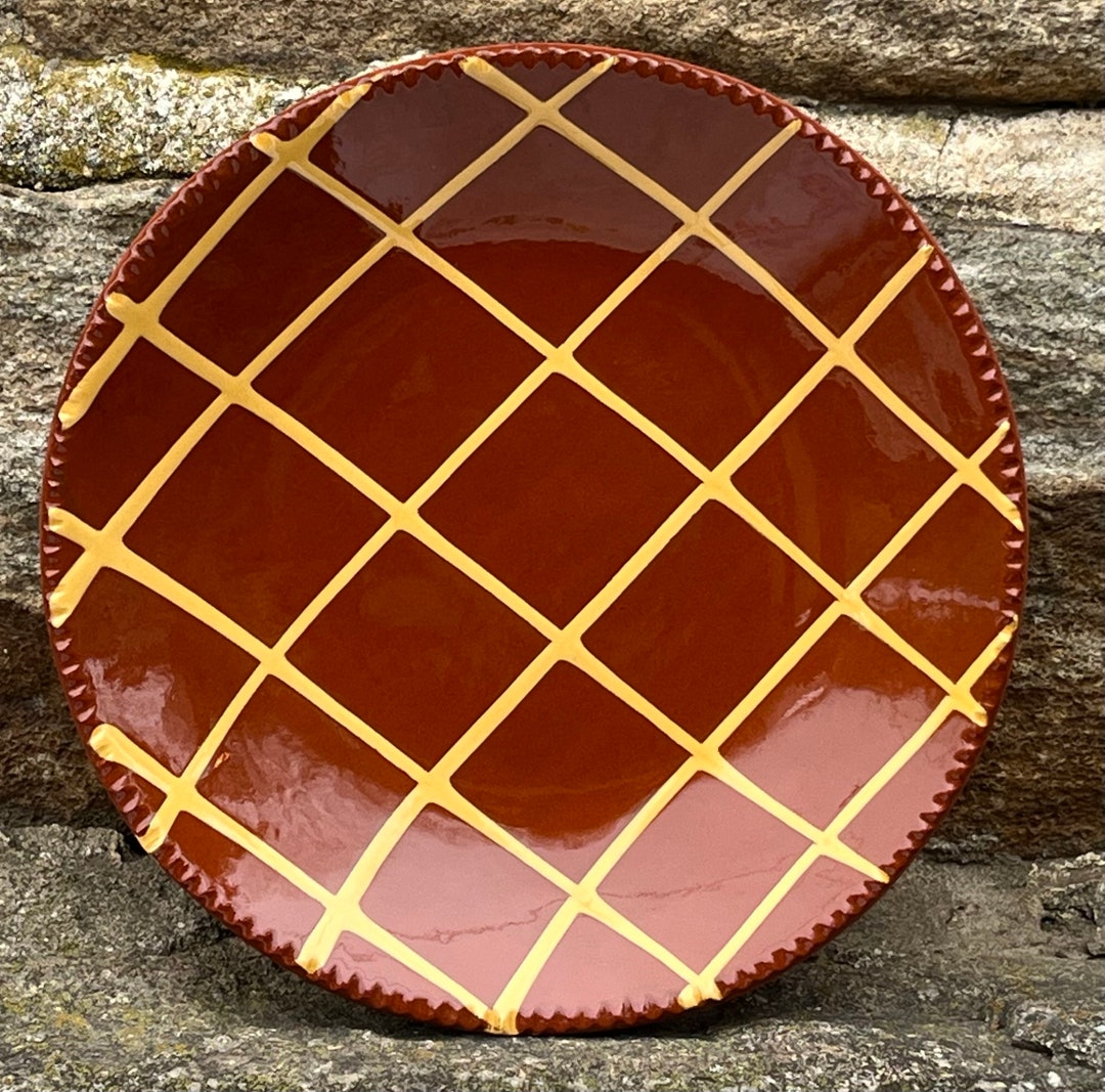 A Very Plaid Slipware Plate - 9 Inch Deep Redware Dish - Pennsylvania ...
