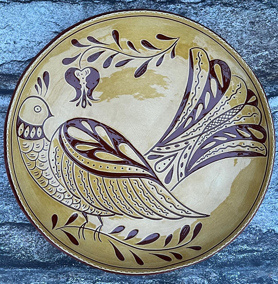 Folk Bird With a Flower - 12 Inch Sgraffito Platter - Pennsylvania ...