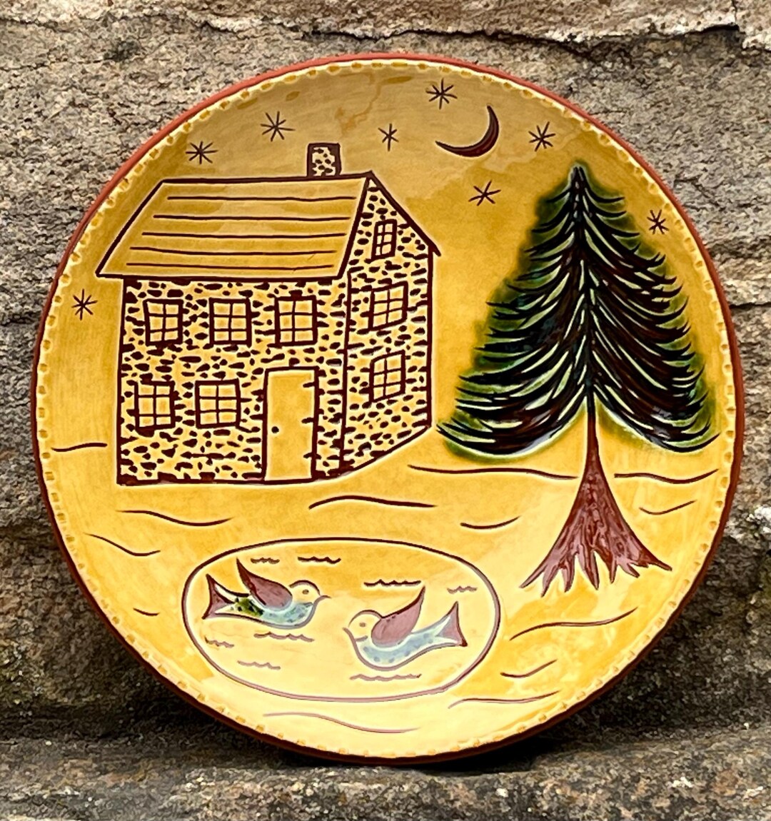 A Cabin in the Woods With a Duck Pond 7 Inch Redware Plate Pennsylvania ...