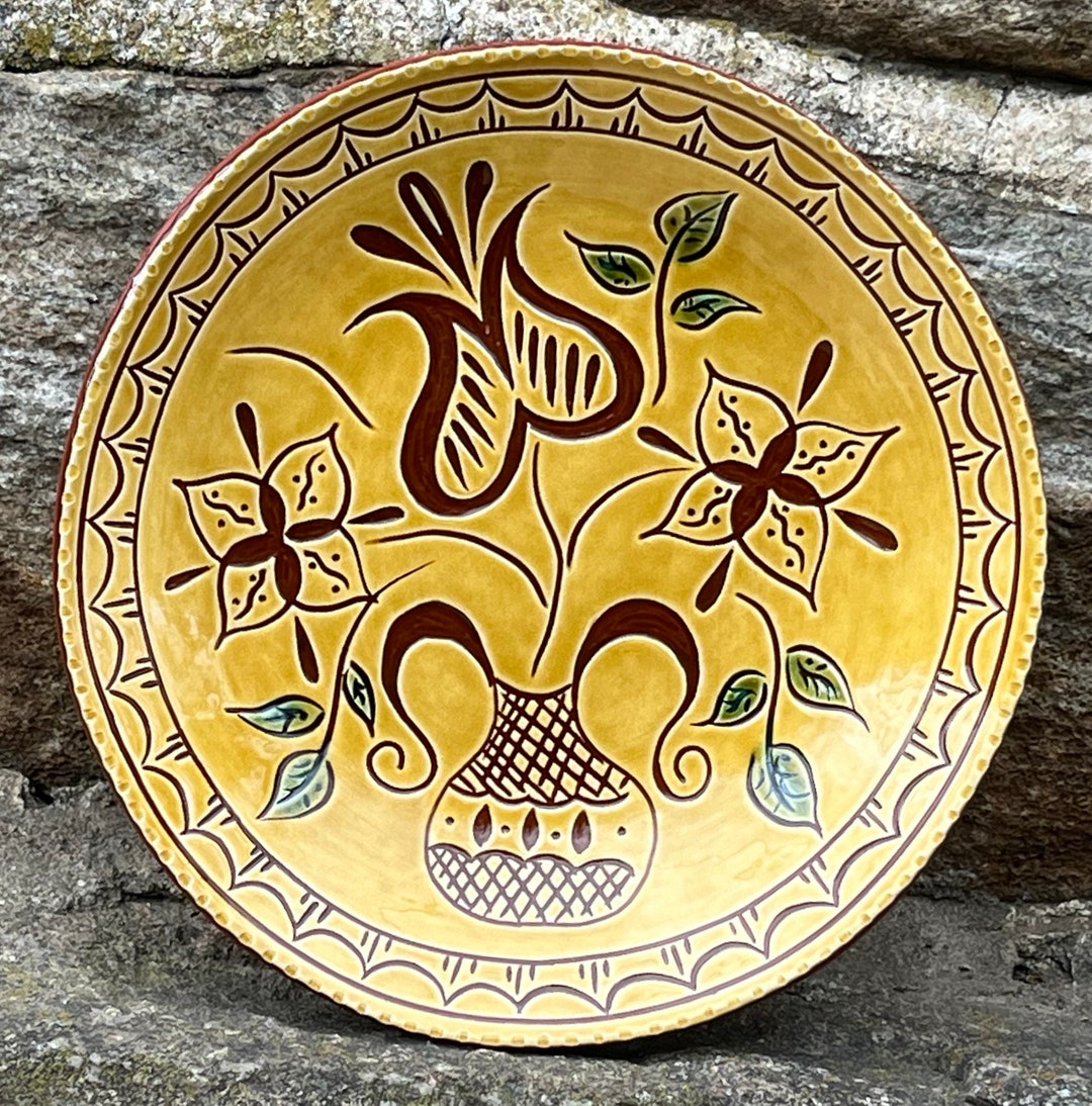 Fun Flowers! - Pennsylvania German Redware - Sgraffito - 8 1/2 Inch ...