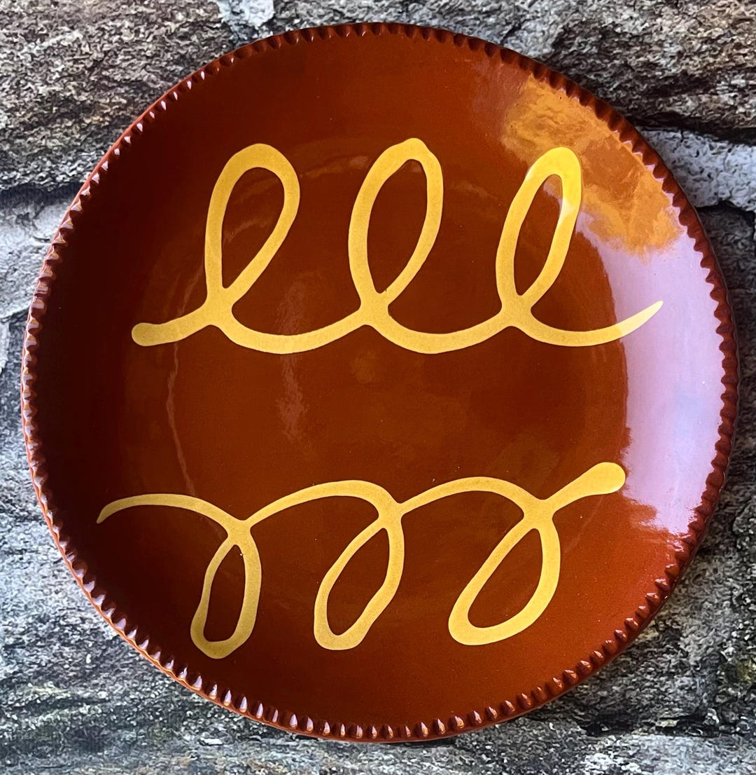 Big Eeeee's 9 Inch Slipware Redware Dish Pennsylvania German Redware ...