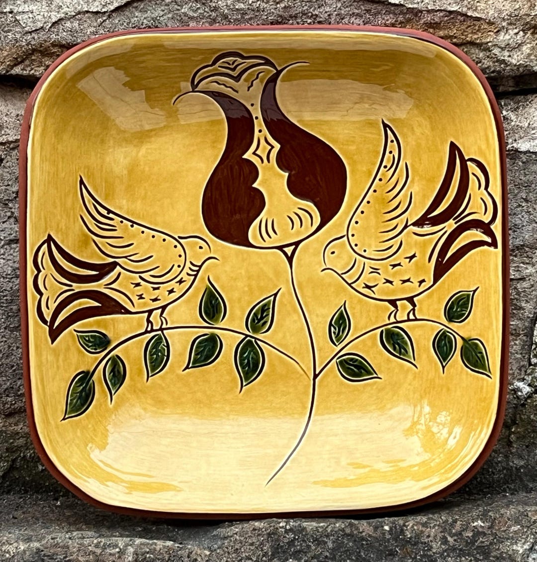 Love Birds in a Square Bowl - Pennsylvania German Redware - Sgraffito ...