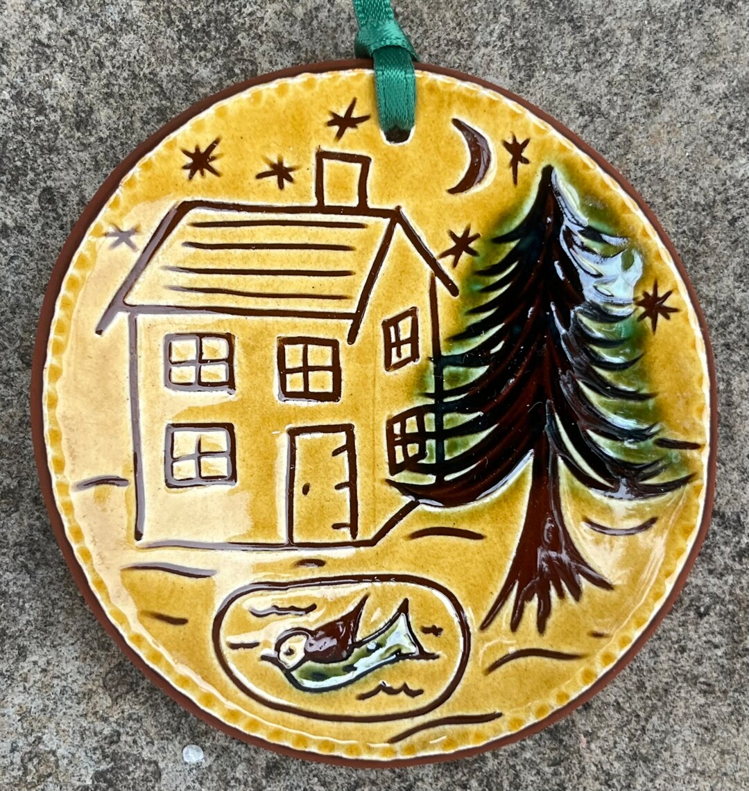 Cabin With a Duck Pond Round Ornament Pennsylvania German Redware ...