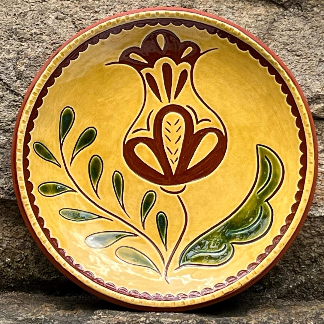 A Royal Flower on a 7 Inch Redware Plate - Pennsylvania German Redware ...