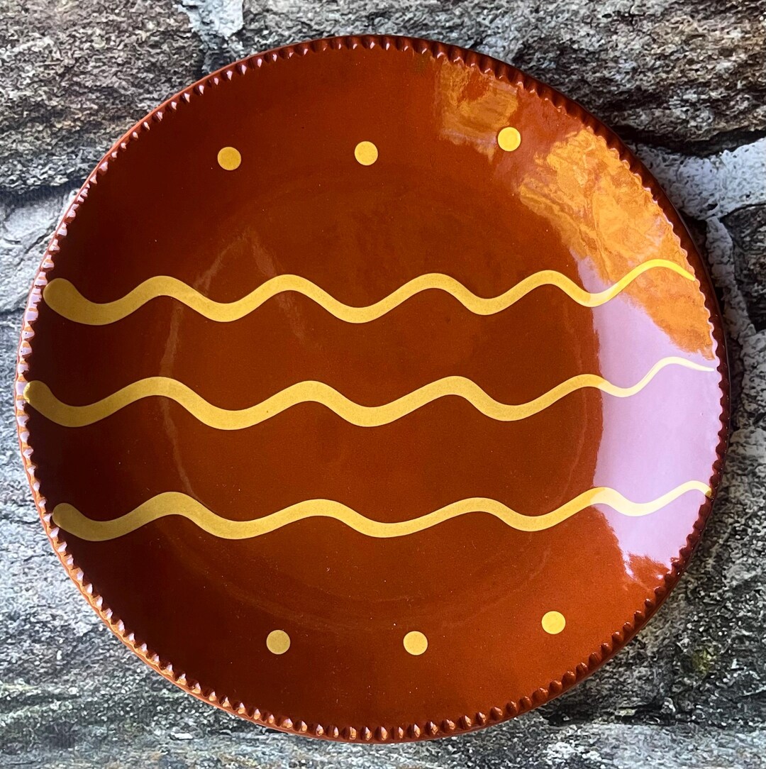 Let's Play 9 Inch Slipware Plate Deep Redware Dish Pennsylvania German ...
