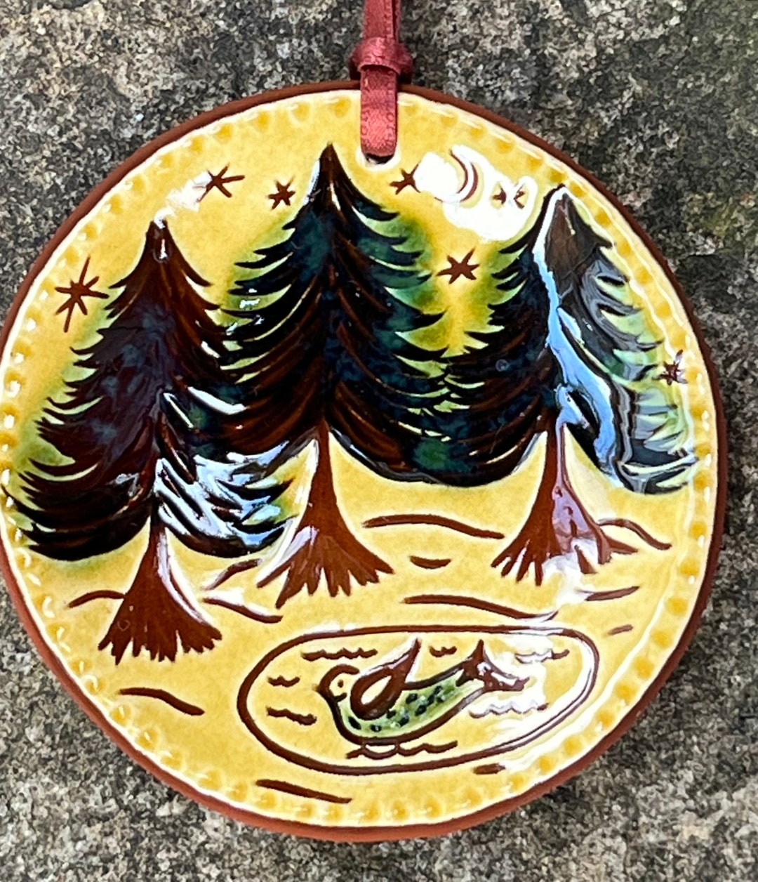 Three Pine Trees and a Duck - Round Ornament - Pennsylvania German ...