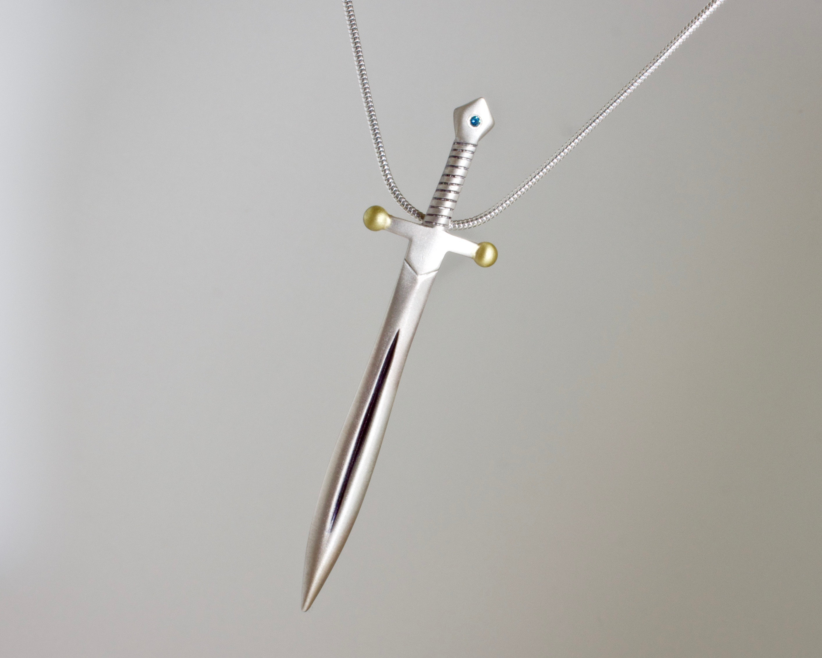Sterling Silver and 18K Gold Sword Pendant With Blue Diamond, Forged ...