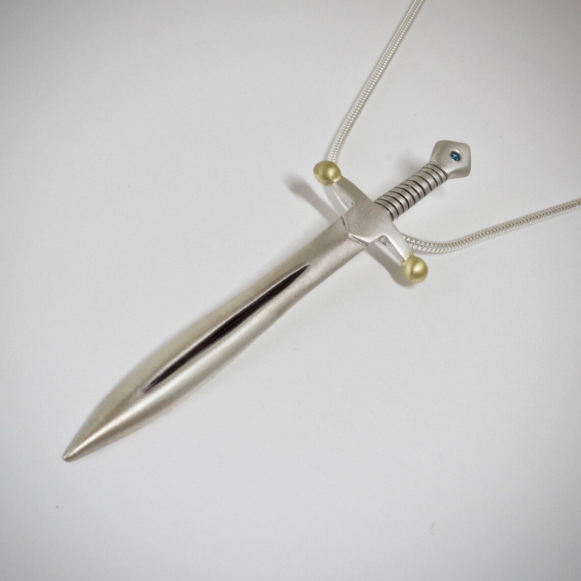 Sterling Silver and 18K Gold Sword Pendant With Blue Diamond, Forged ...