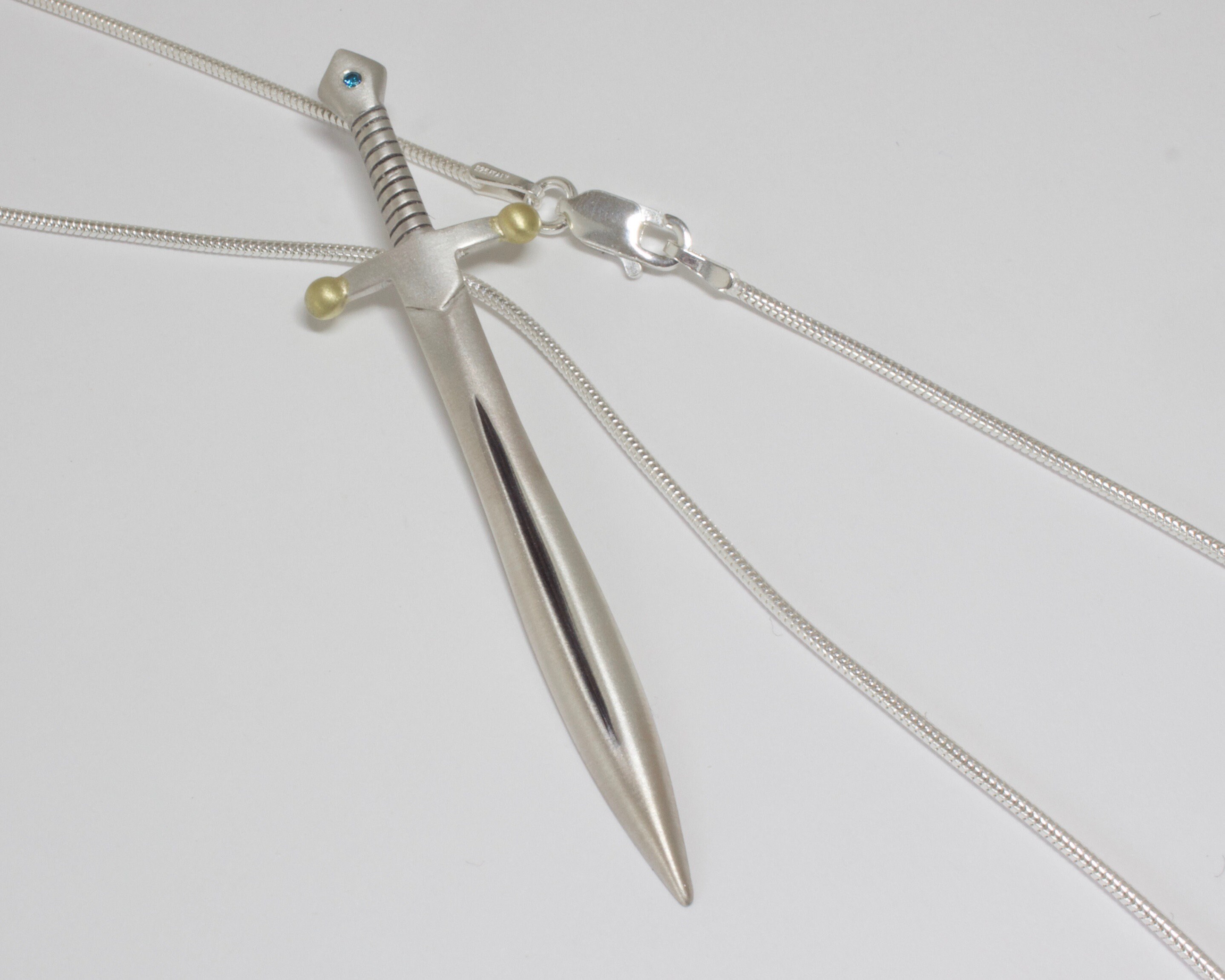 Sterling Silver and 18K Gold Sword Pendant With Blue Diamond, Forged ...