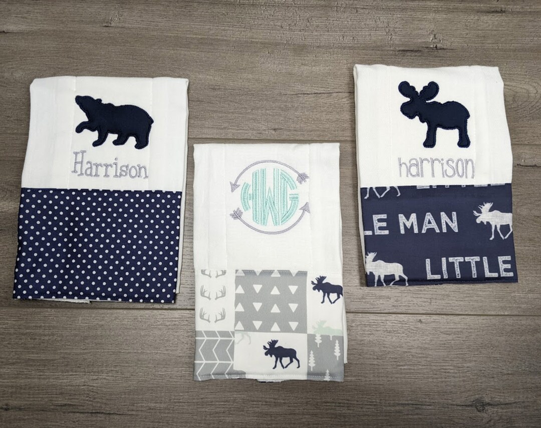 Wild and Cozy - Boys Woodland Burp Cloths Set - 3 Piece Navy Blue and ...