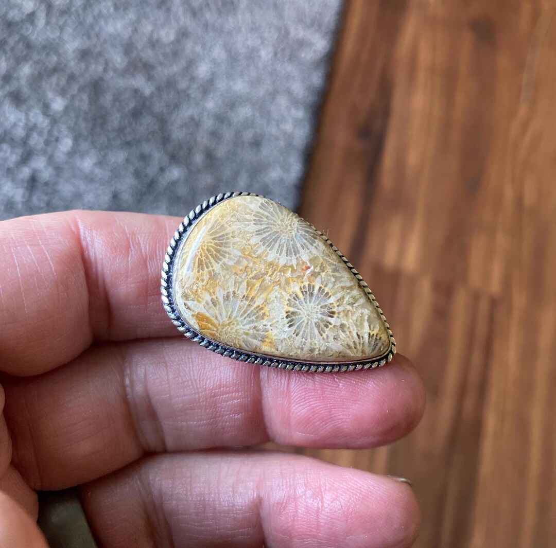 Tan Yellow Teardrop Fossil Coral Ring- - Vintage Fossil Coral Ring Size ...