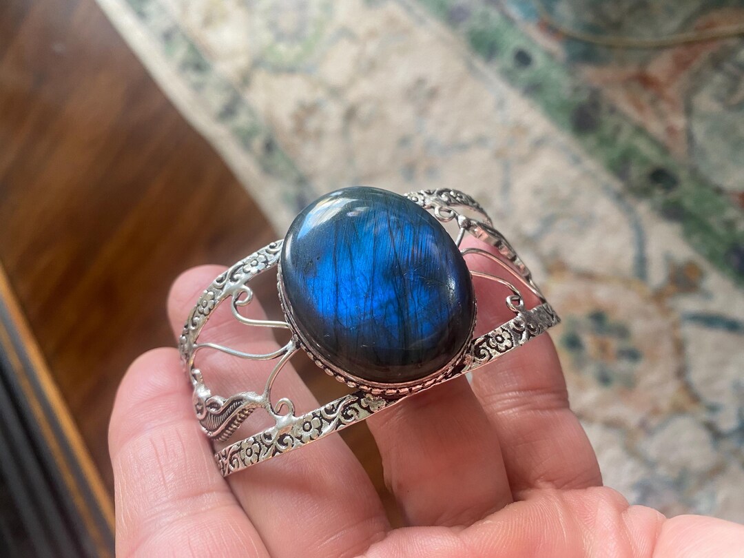 Adjustable Blue Labradorite Bangle Bracelet: Sterling Silver Plate - Etsy