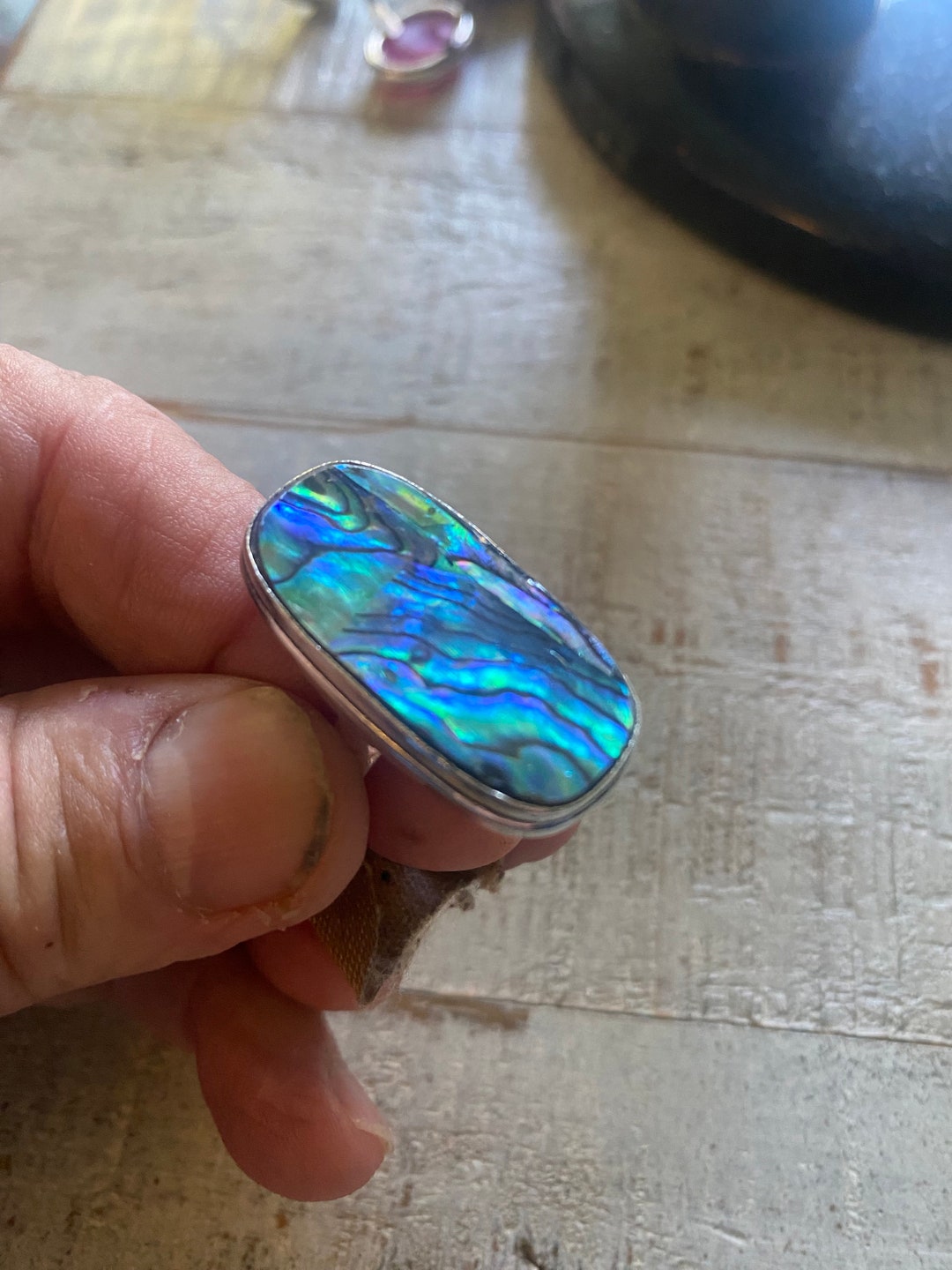 Colorful Oval Abalone Shell Ring - Beautiful Vintage Oval Abalone Shell Ring - Abalone Shell ...