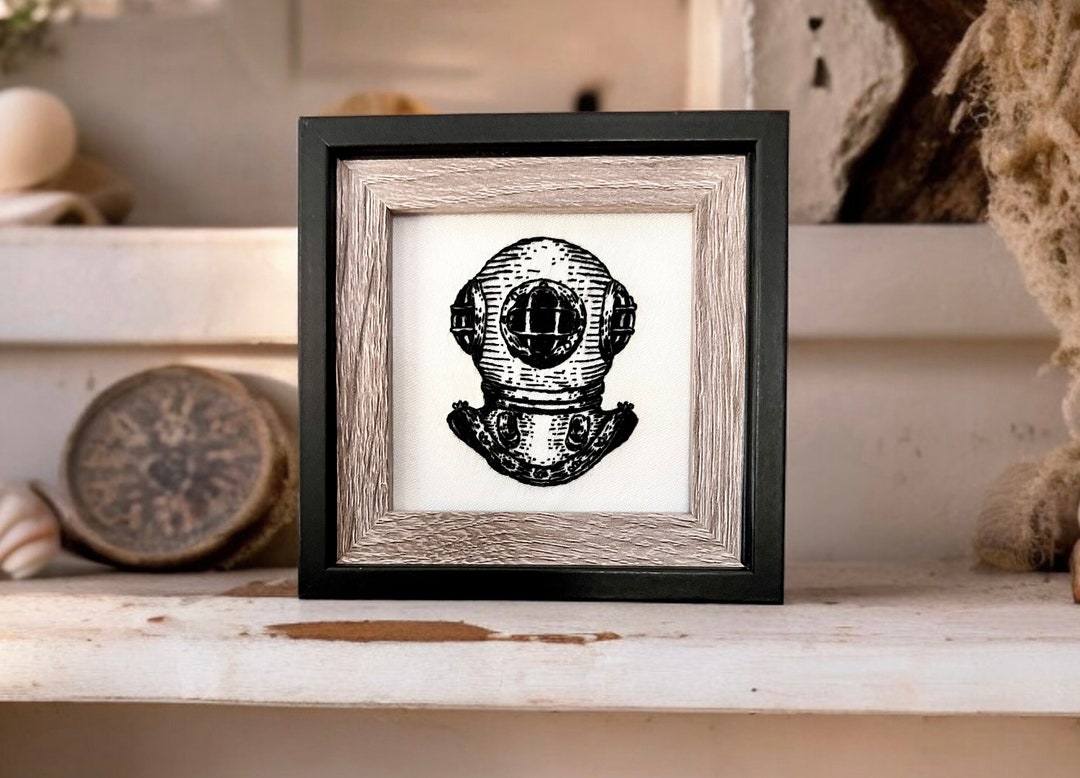 HAND EMBROIDERED Diver Helmet Image in a Small 4x4 Black and Wood Frame ...
