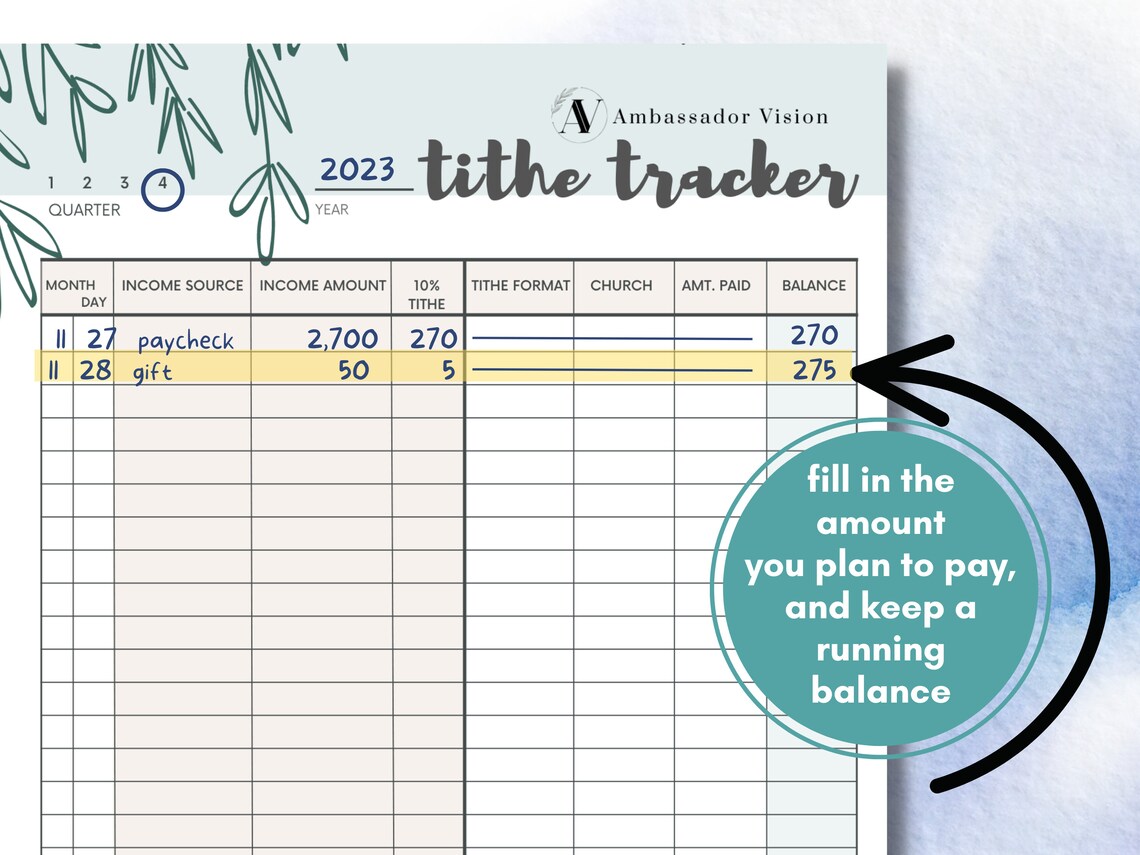 Tithe Tracker Digital Printable Financial Balance Giving Log Offering ...